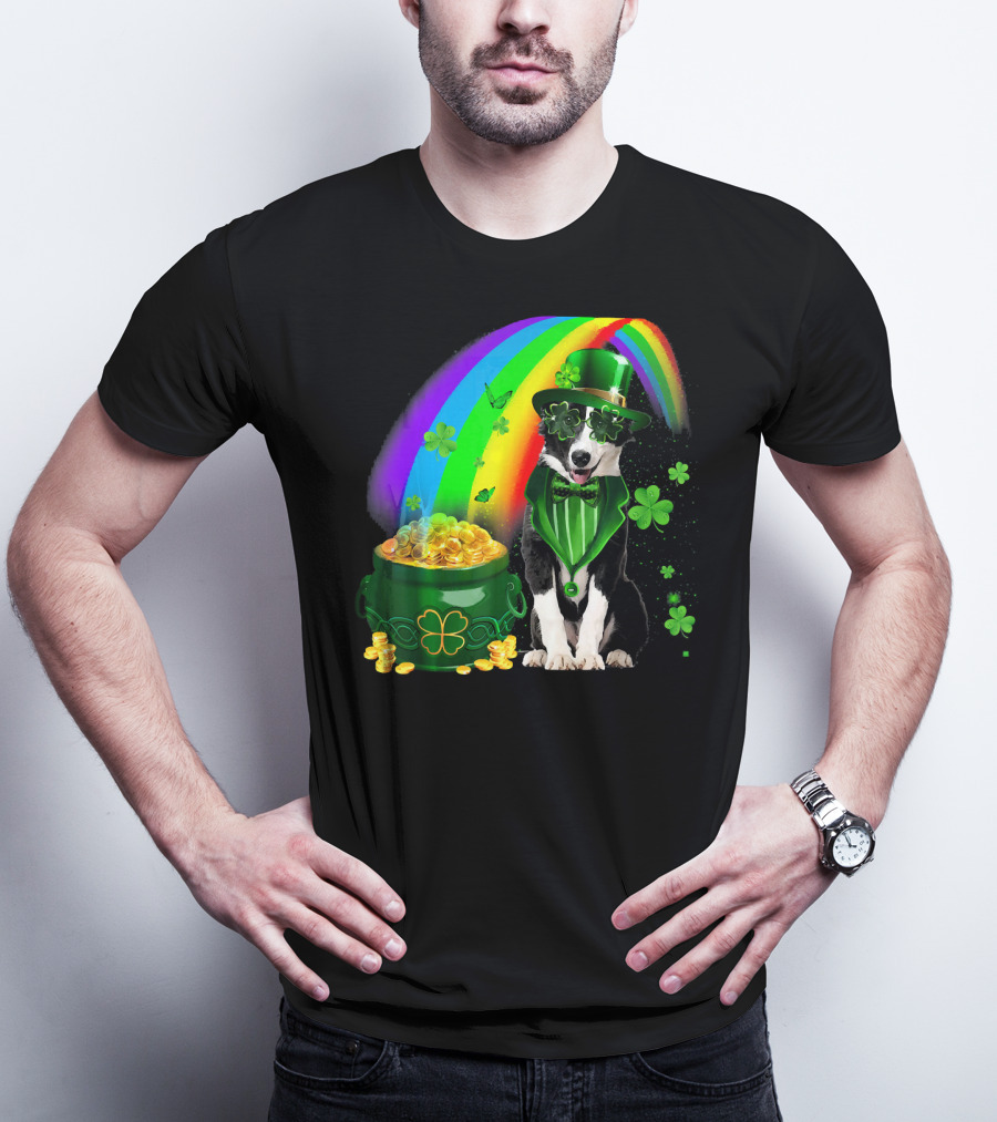Border Collie Irish Leprechaun With Rainbow And Pot Of Gold Coins T-Shirt