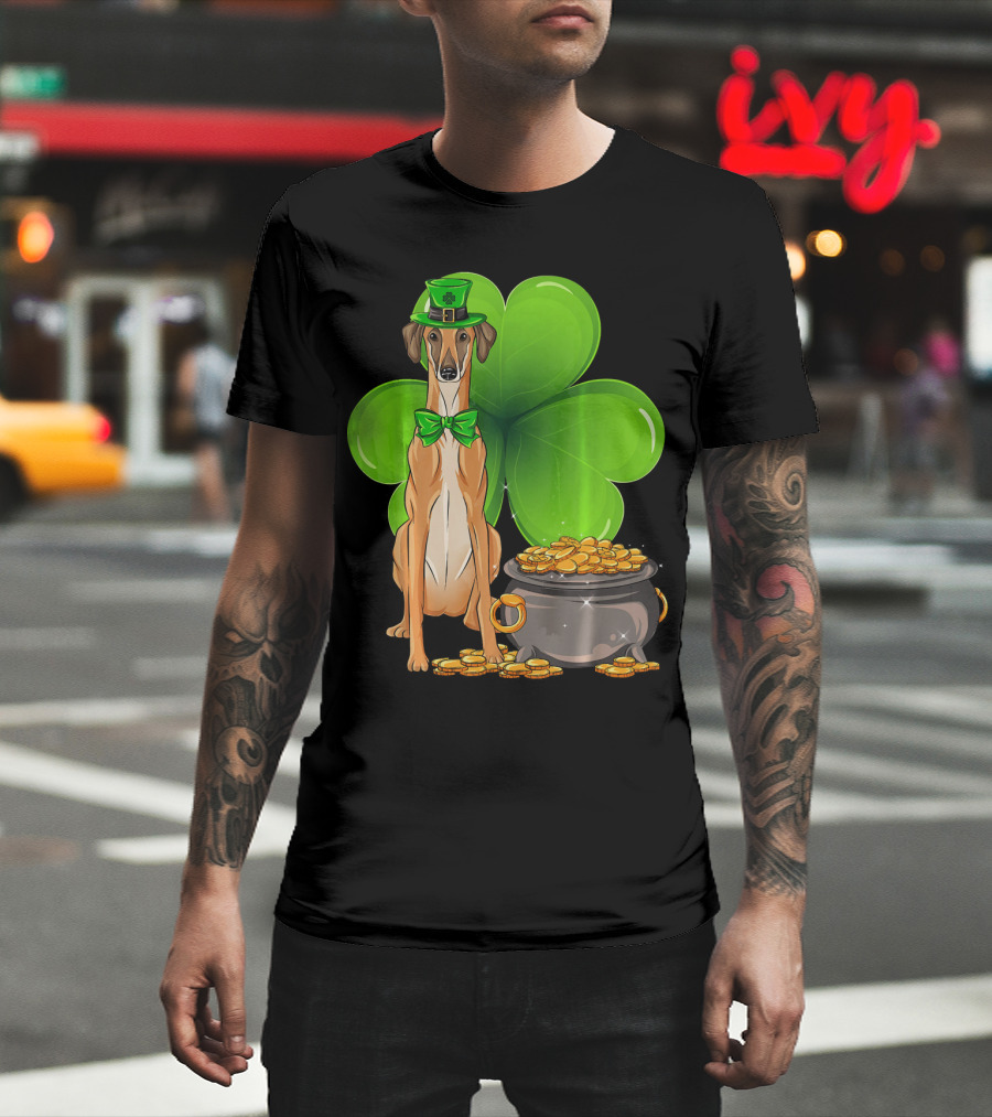 Sloughi Dog With Leprechaun Hat And Clover St Patricks Day Pot Of Gold T-Shirt