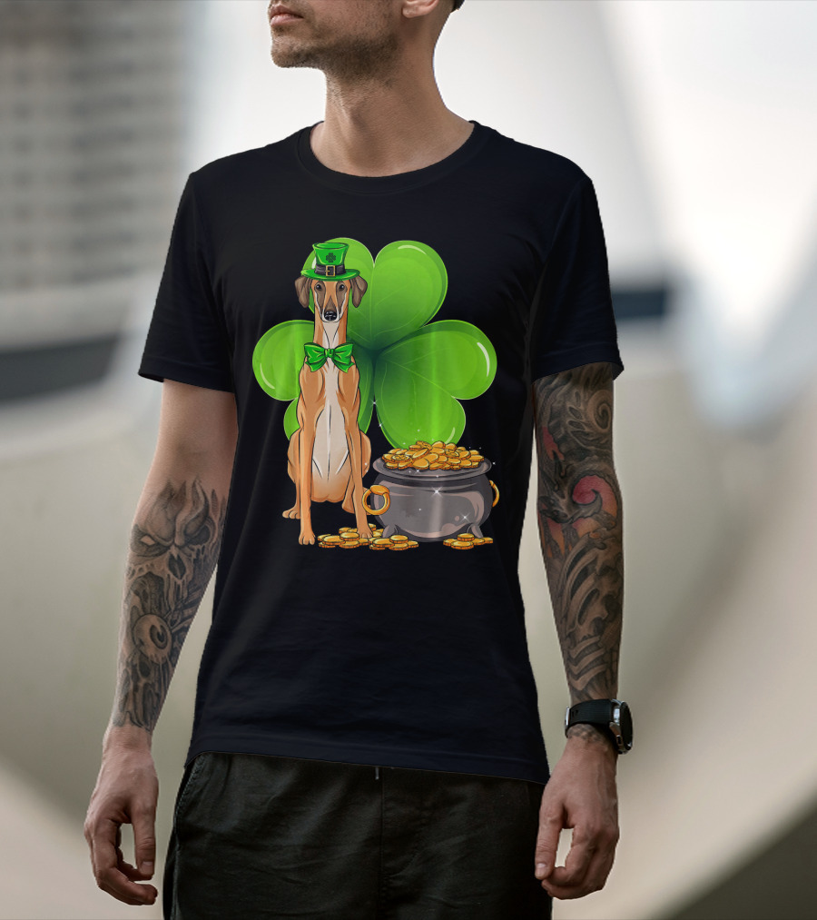 Sloughi Dog With Leprechaun Hat And Clover St Patricks Day Pot Of Gold T-Shirt