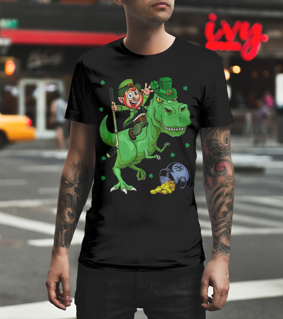 Funny St. Pat Rex Day Leprechaun Riding Dinosaur With Hockey Stick And Gold Coins T-Shirt