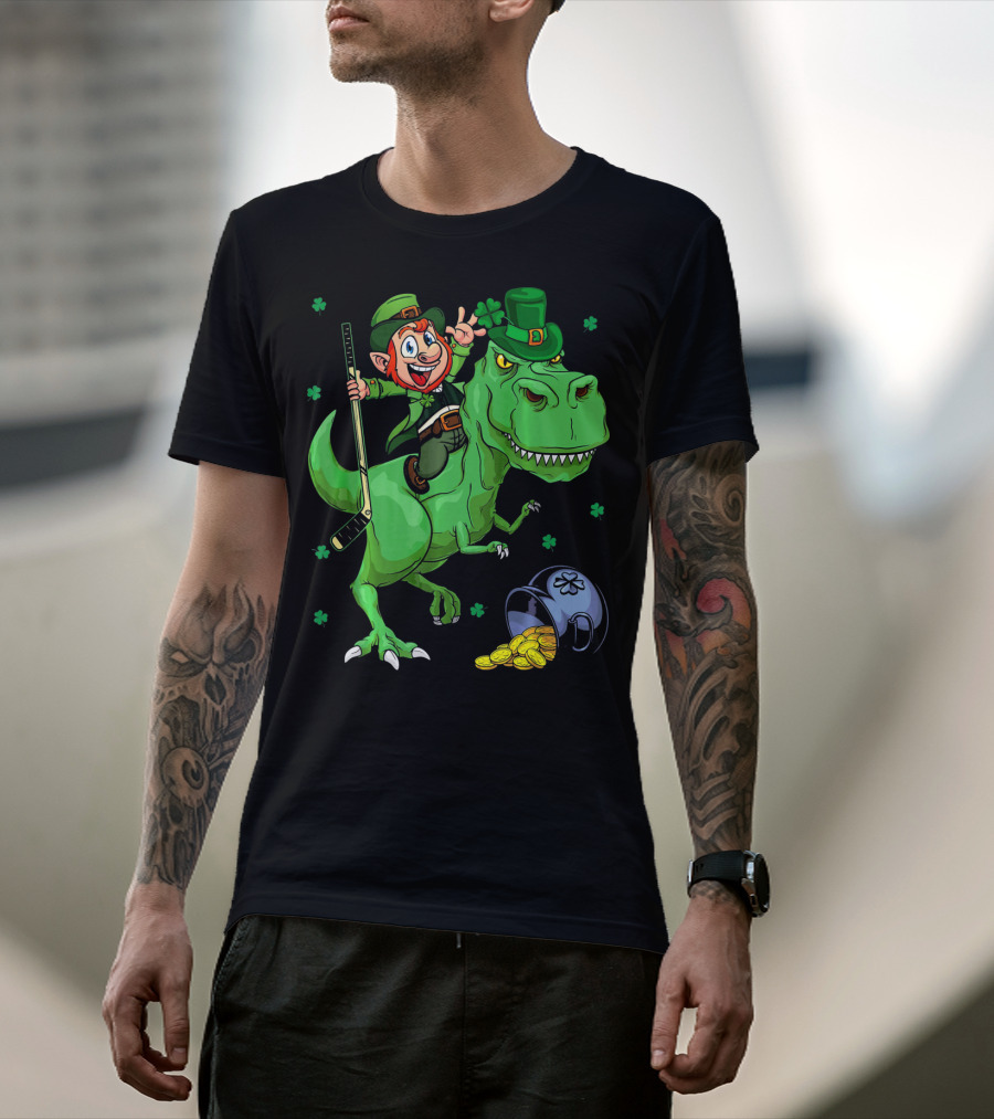 Funny St. Pat Rex Day Leprechaun Riding Dinosaur With Hockey Stick And Gold Coins T-Shirt