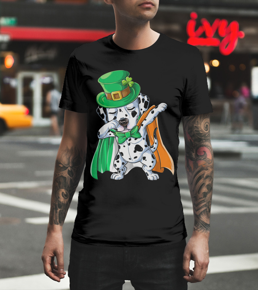 Saint Patrick's Day Dabbing Dalmatian In Green Hat And Irish Colors T-Shirt