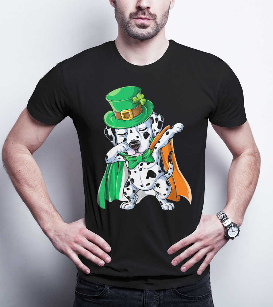Saint Patrick's Day Dabbing Dalmatian In Green Hat And Irish Colors T-Shirt