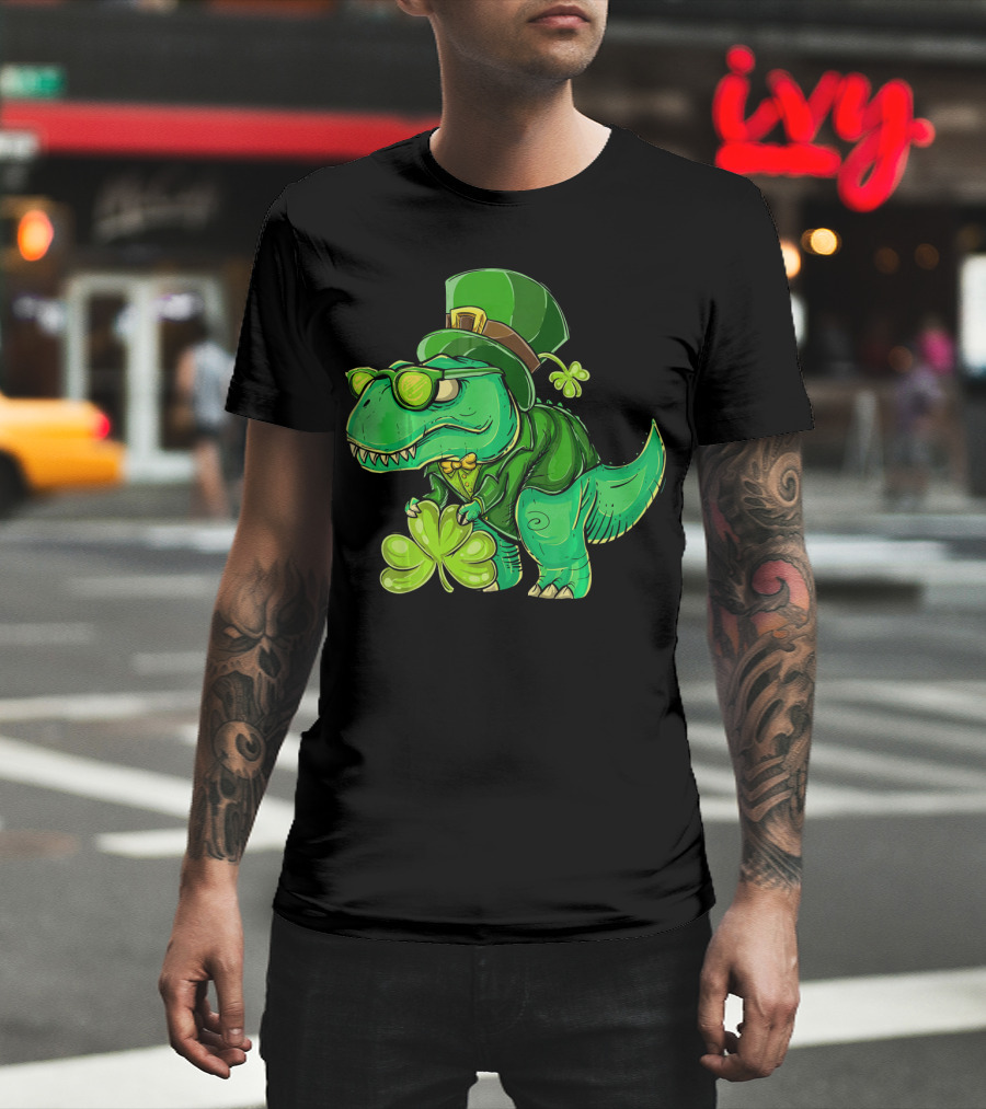 St Patricks Day Irish Dinosaur With Shamrock And Leprechaun Hat T-Shirt