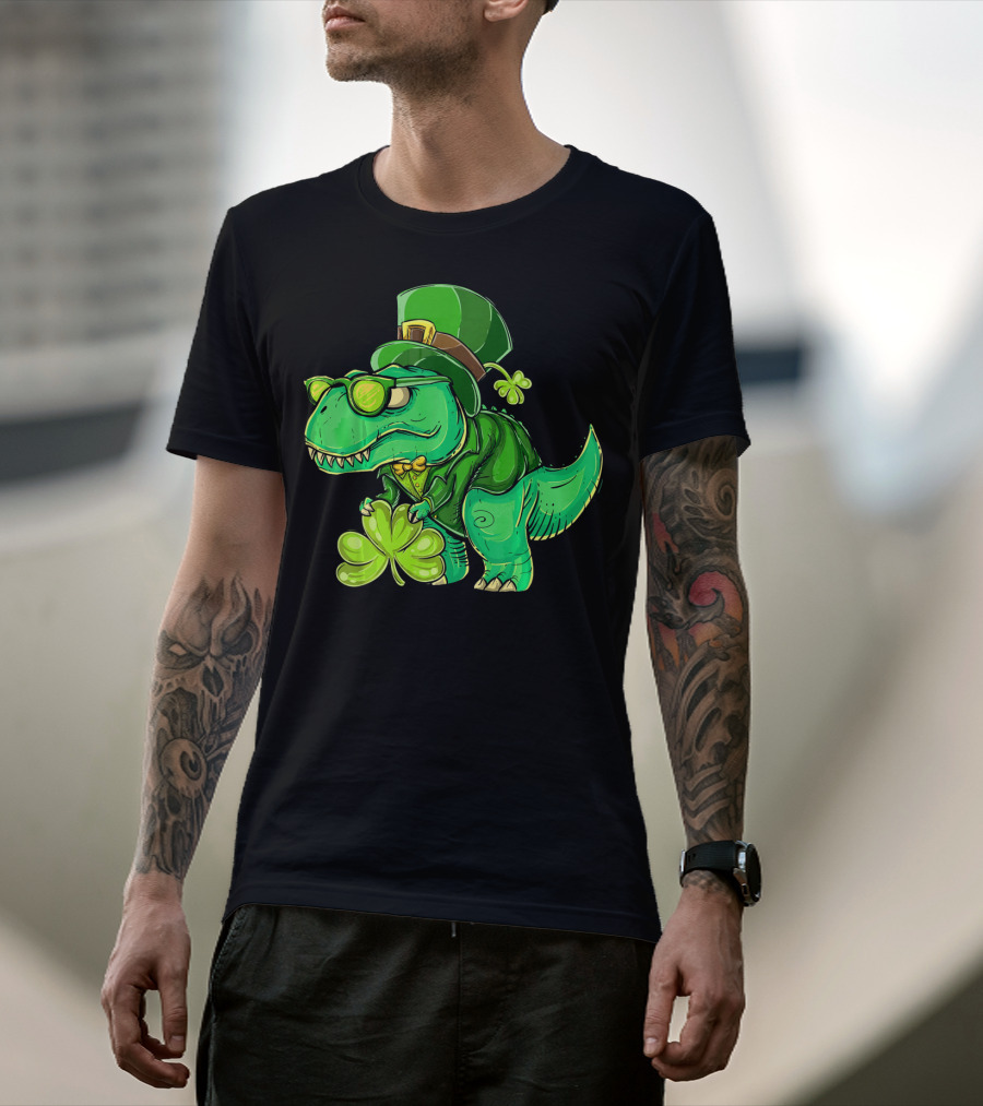 St Patricks Day Irish Dinosaur With Shamrock And Leprechaun Hat T-Shirt