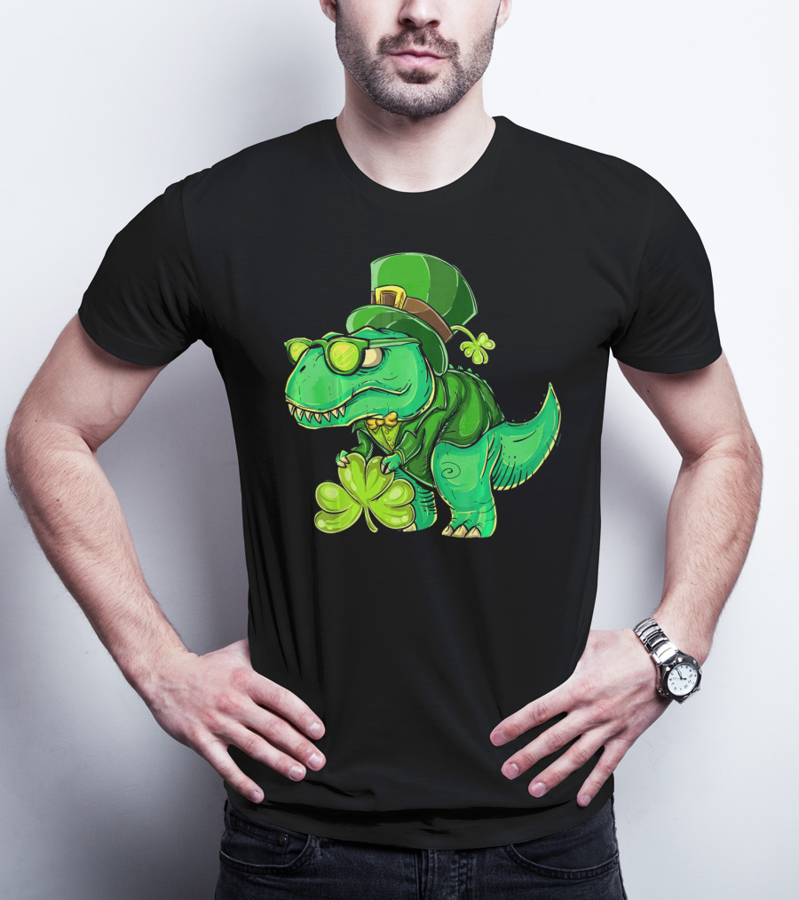 St Patricks Day Irish Dinosaur With Shamrock And Leprechaun Hat T-Shirt