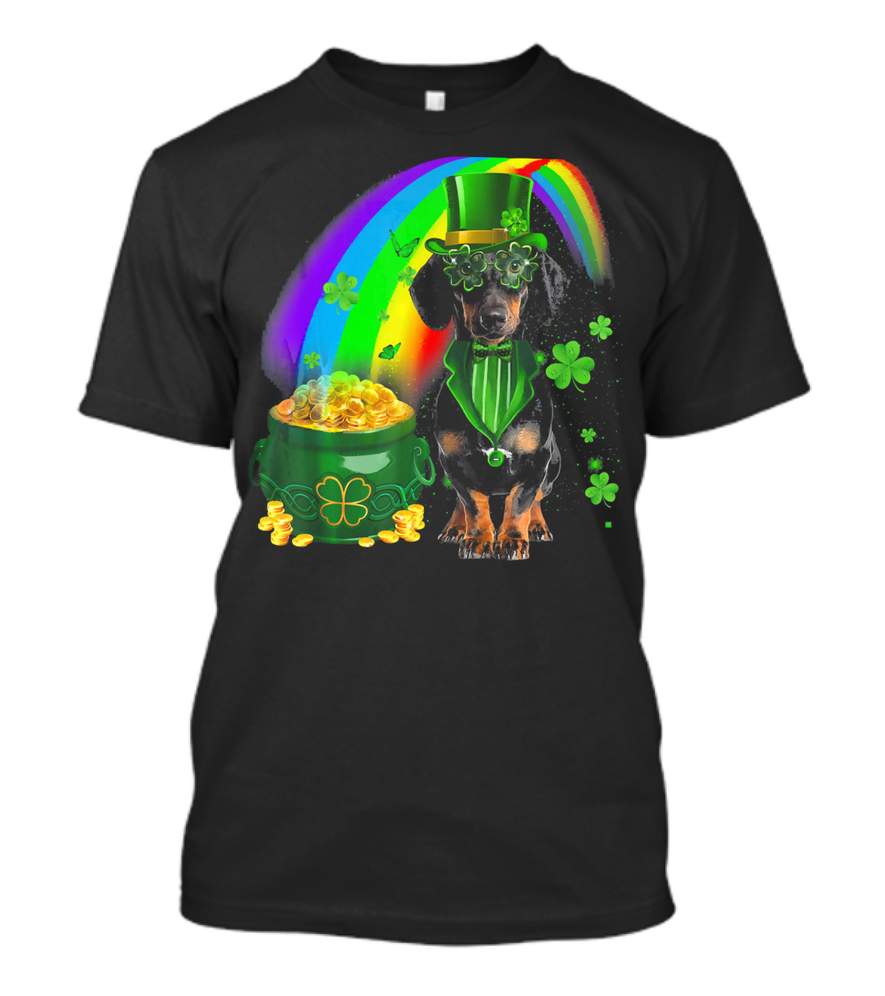 Dachshund Dog Irish Leprechaun With Pot Of Gold And Rainbow T-Shirt