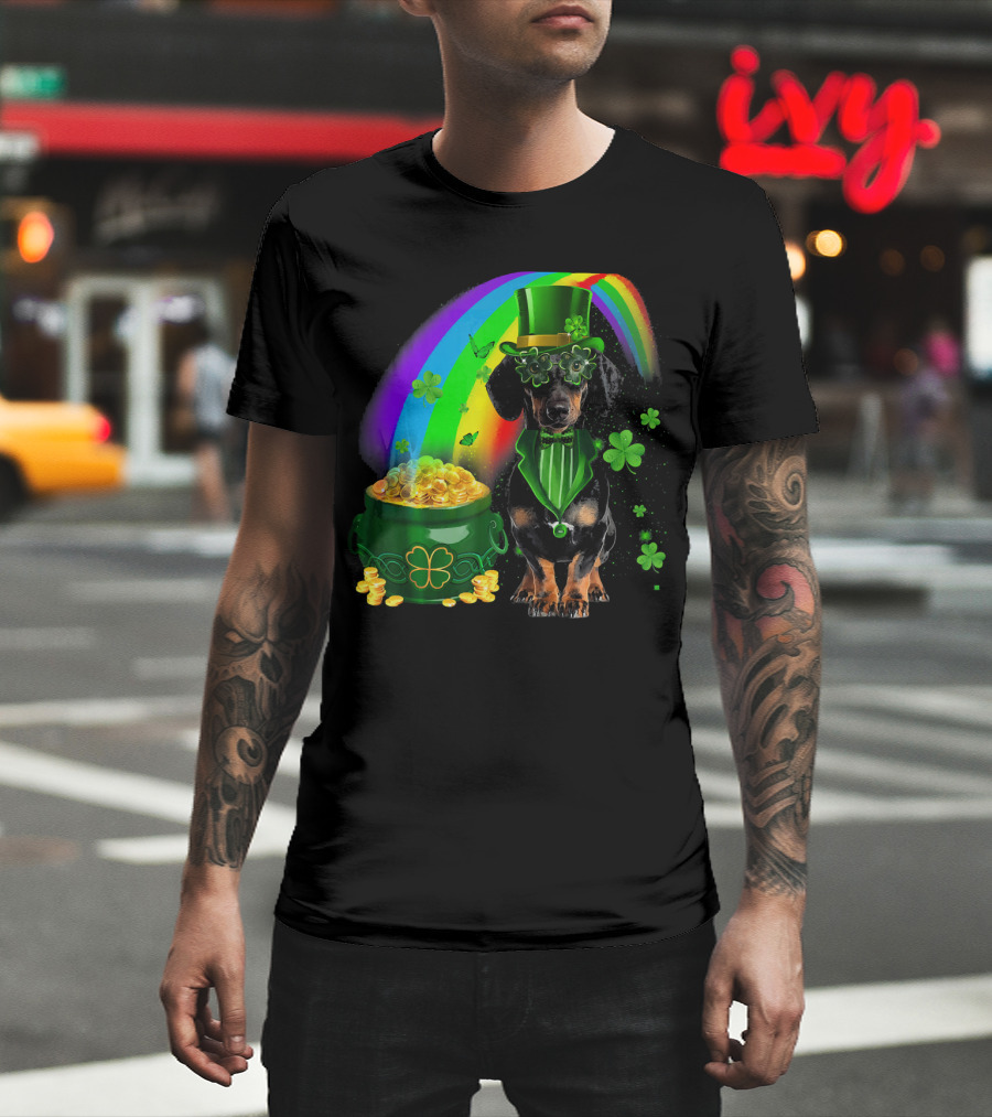 Dachshund Dog Irish Leprechaun With Pot Of Gold And Rainbow T-Shirt