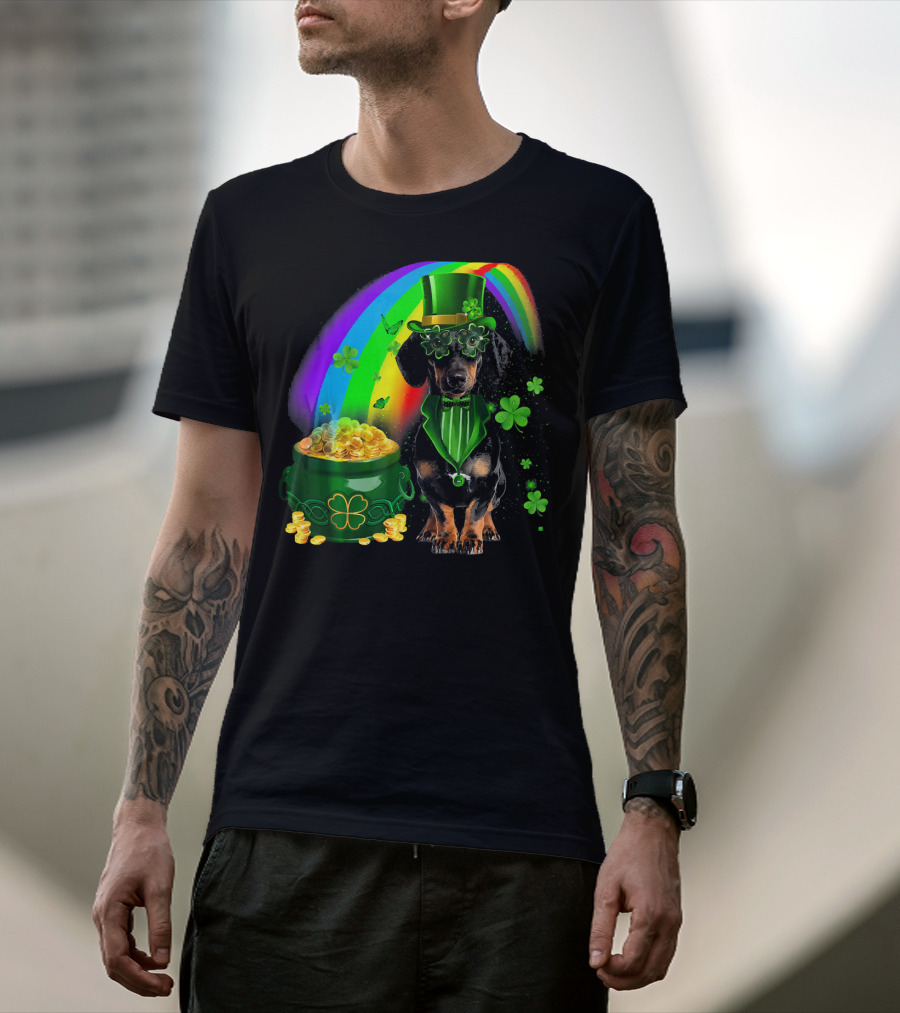Dachshund Dog Irish Leprechaun With Pot Of Gold And Rainbow T-Shirt