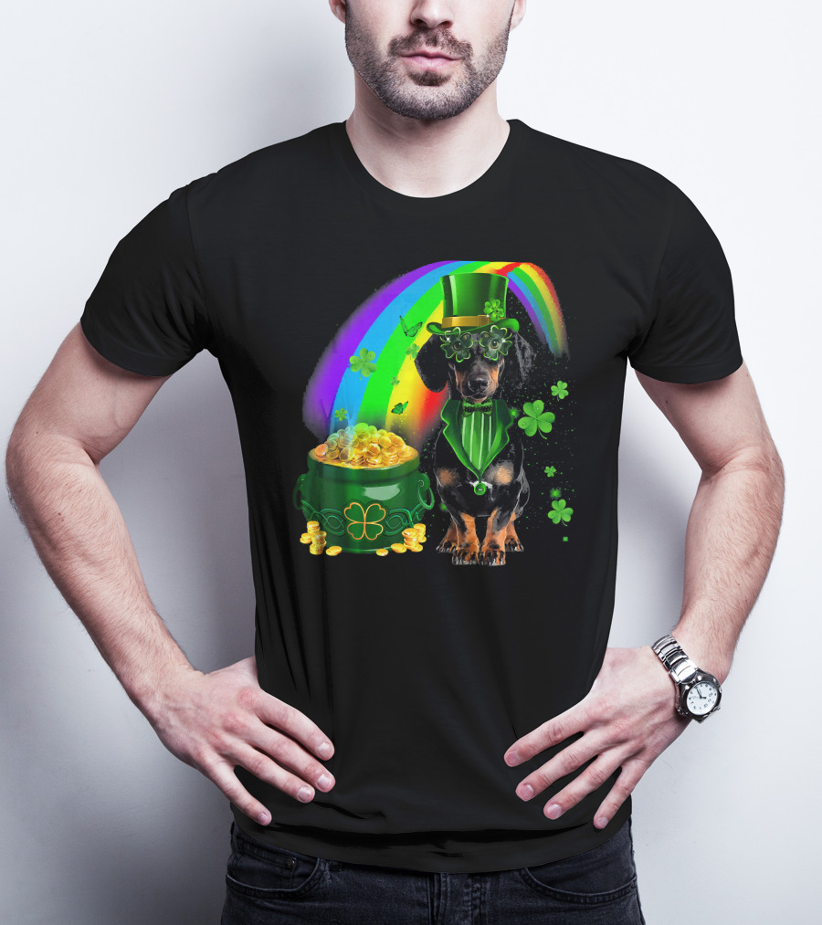 Dachshund Dog Irish Leprechaun With Pot Of Gold And Rainbow T-Shirt