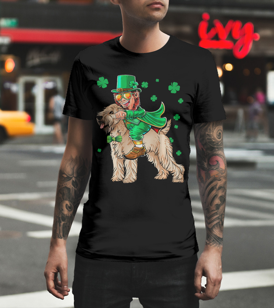 Leprechaun Riding Soft Coated Wheaten Terrier With Shamrocks T-Shirt