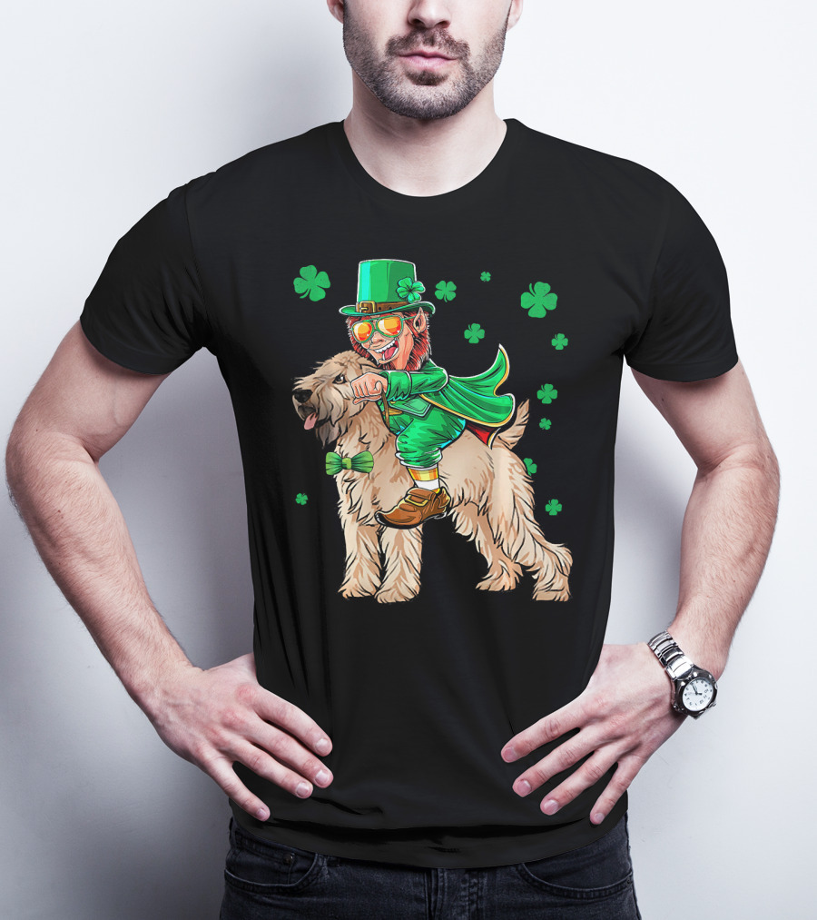 Leprechaun Riding Soft Coated Wheaten Terrier With Shamrocks T-Shirt