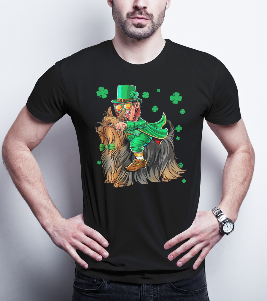 Leprechaun Riding Silky Terrier Shamrock St Patrick's Day T-Shirt