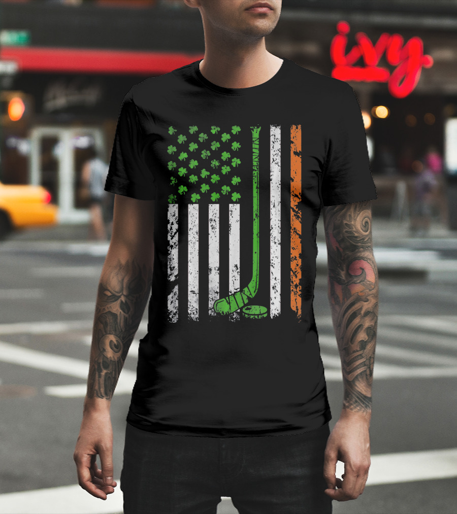 Irish American Hockey Flag With Shamrocks And Hockey Stick T-Shirt