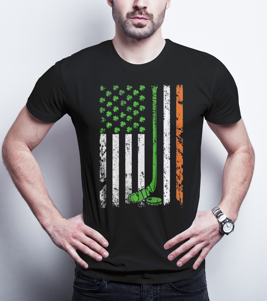 Irish American Hockey Flag With Shamrocks And Hockey Stick T-Shirt