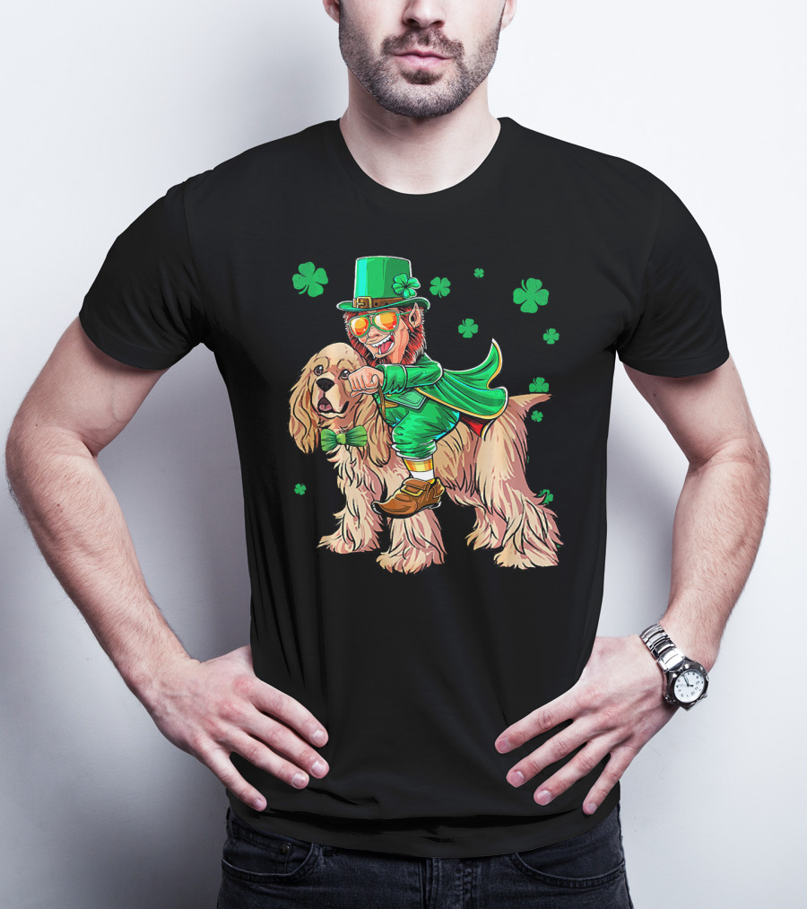 Leprechaun Riding Cocker Spaniel With Shamrocks T-Shirt
