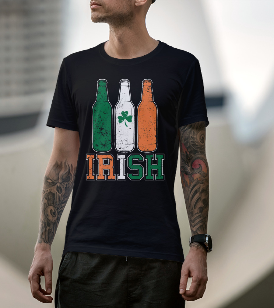IRISH St Paddys Day Drinking Bottles With Shamrock Flag T-Shirt