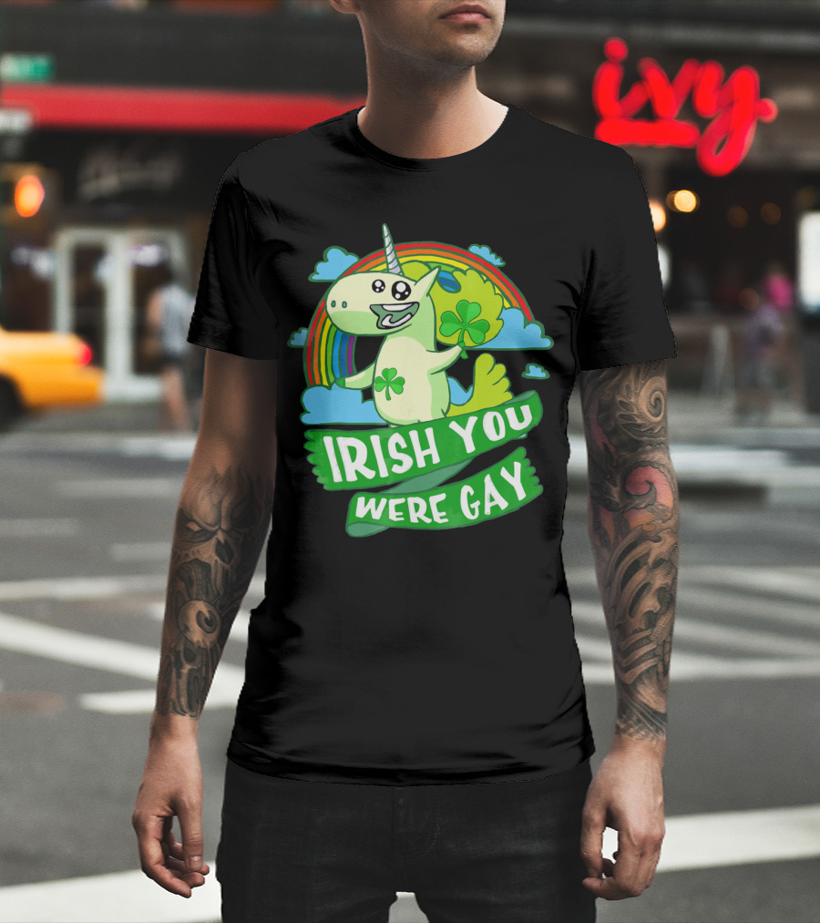 Unicorn Irish You Were Gay Rainbow Shamrock Clouds T-Shirt