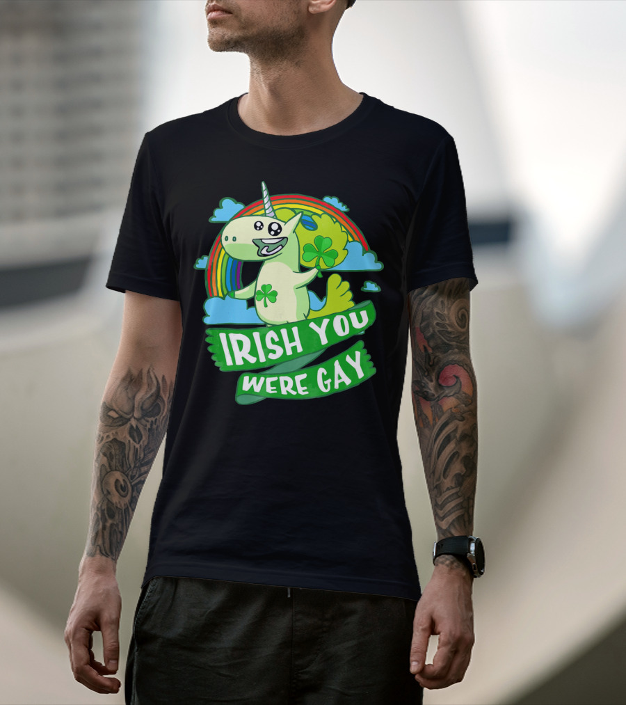 Unicorn Irish You Were Gay Rainbow Shamrock Clouds T-Shirt