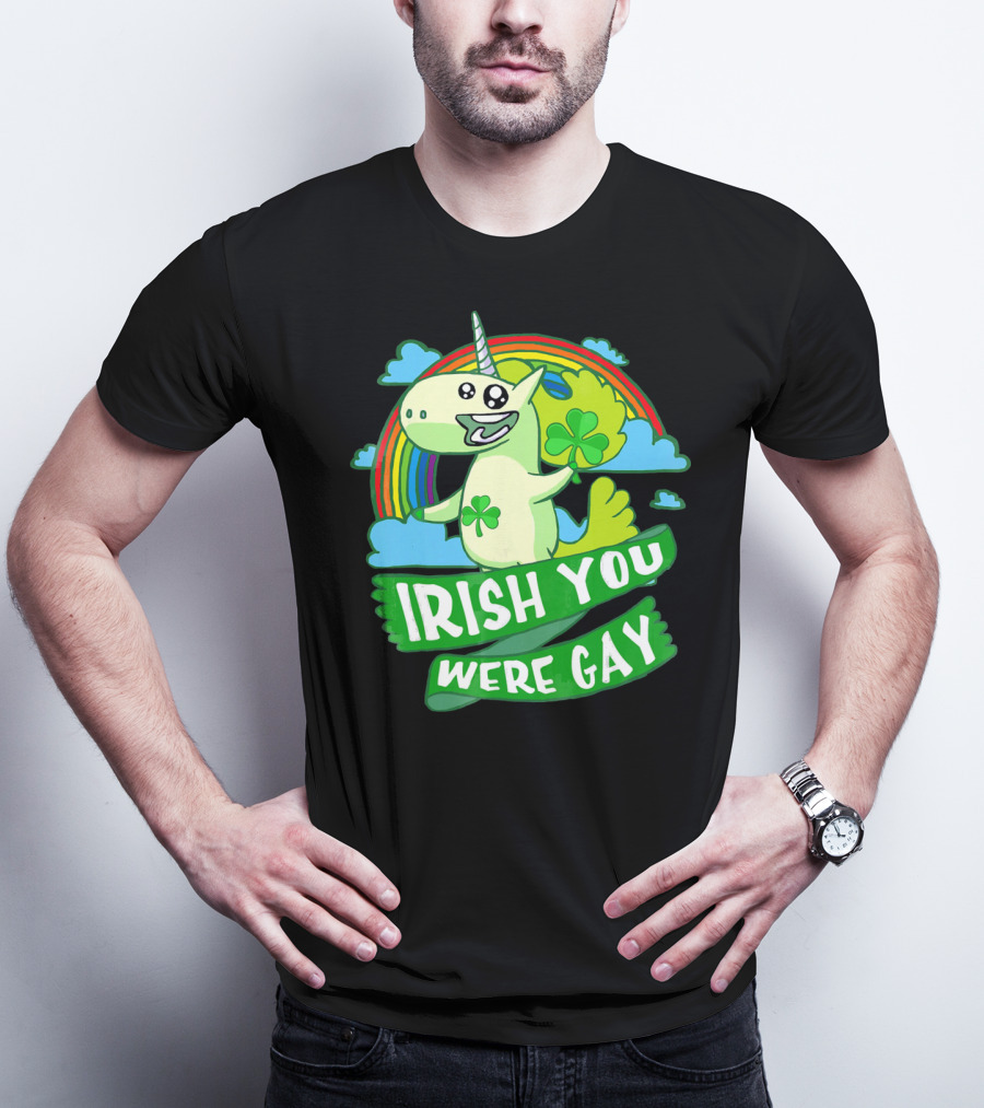 Unicorn Irish You Were Gay Rainbow Shamrock Clouds T-Shirt
