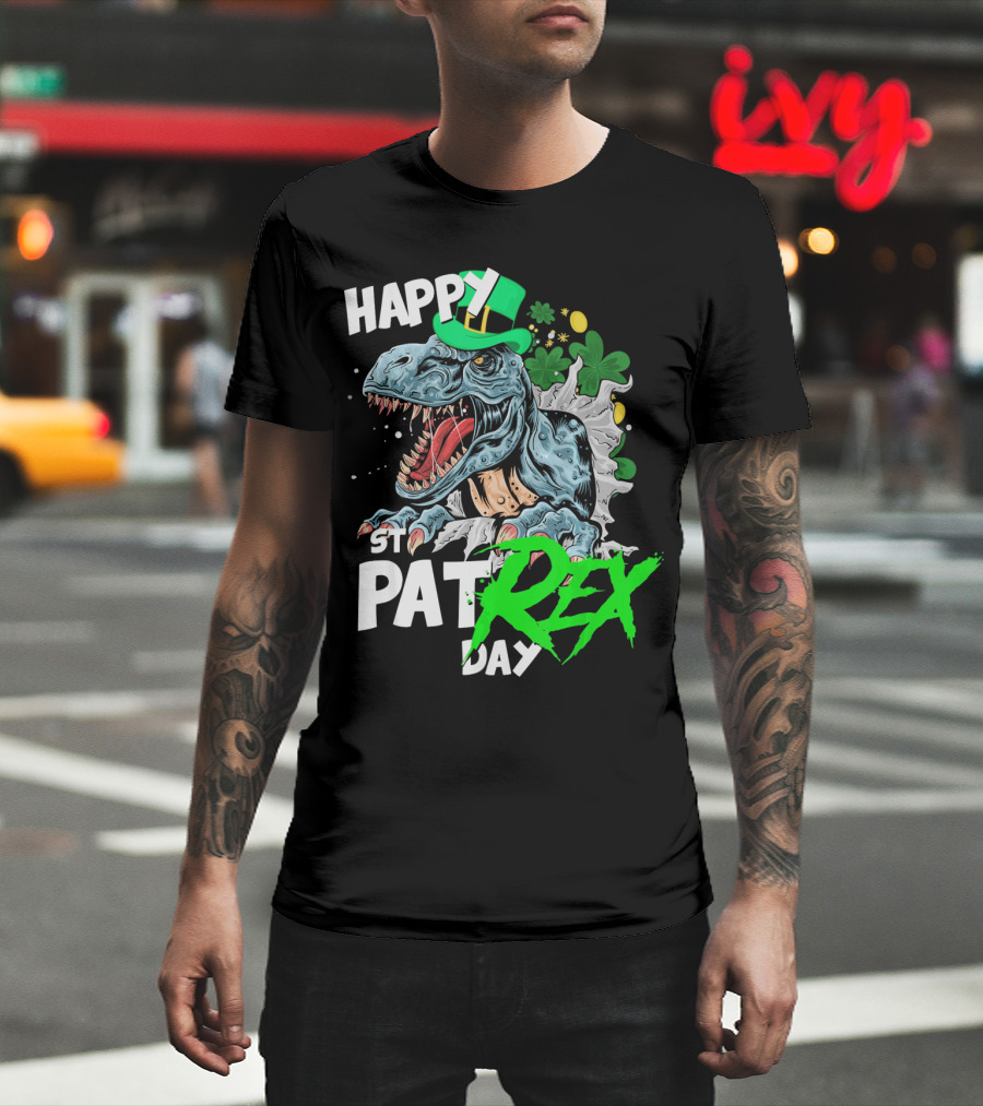 St Patricks Day Rex Happy Pat With Leprechaun Hat And Shamrocks T-Shirt