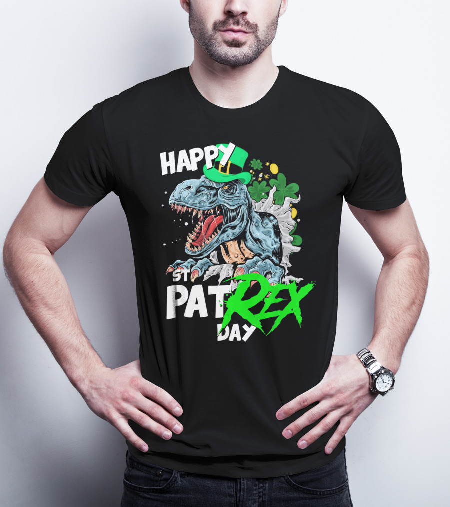 St Patricks Day Rex Happy Pat With Leprechaun Hat And Shamrocks T-Shirt