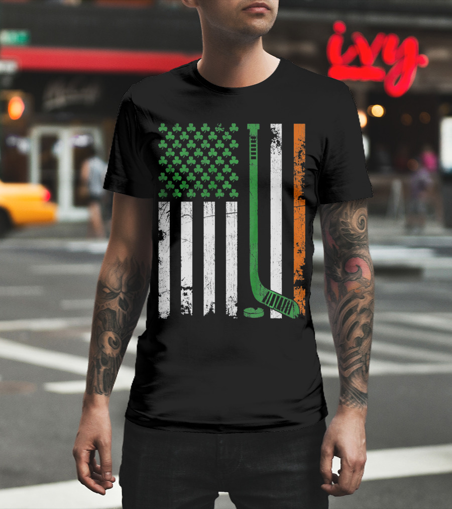 Irish American Flag Shamrock Hockey Stick T-Shirt
