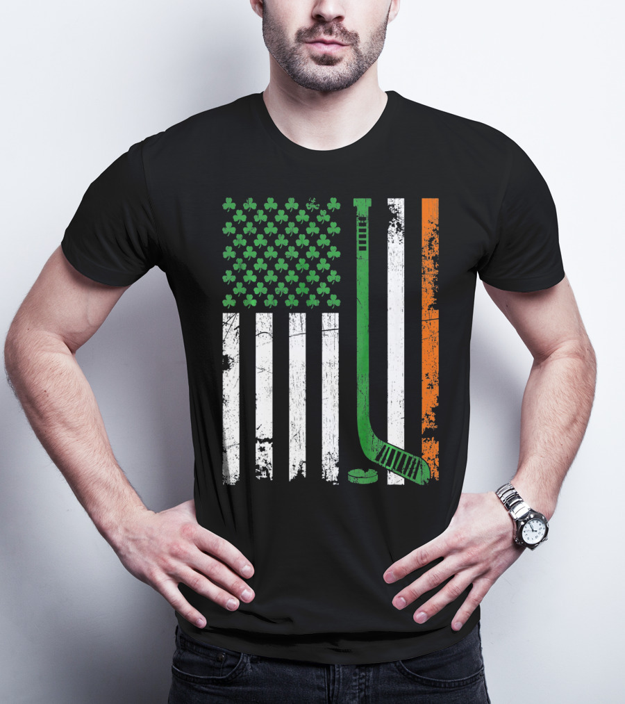 Irish American Flag Shamrock Hockey Stick T-Shirt