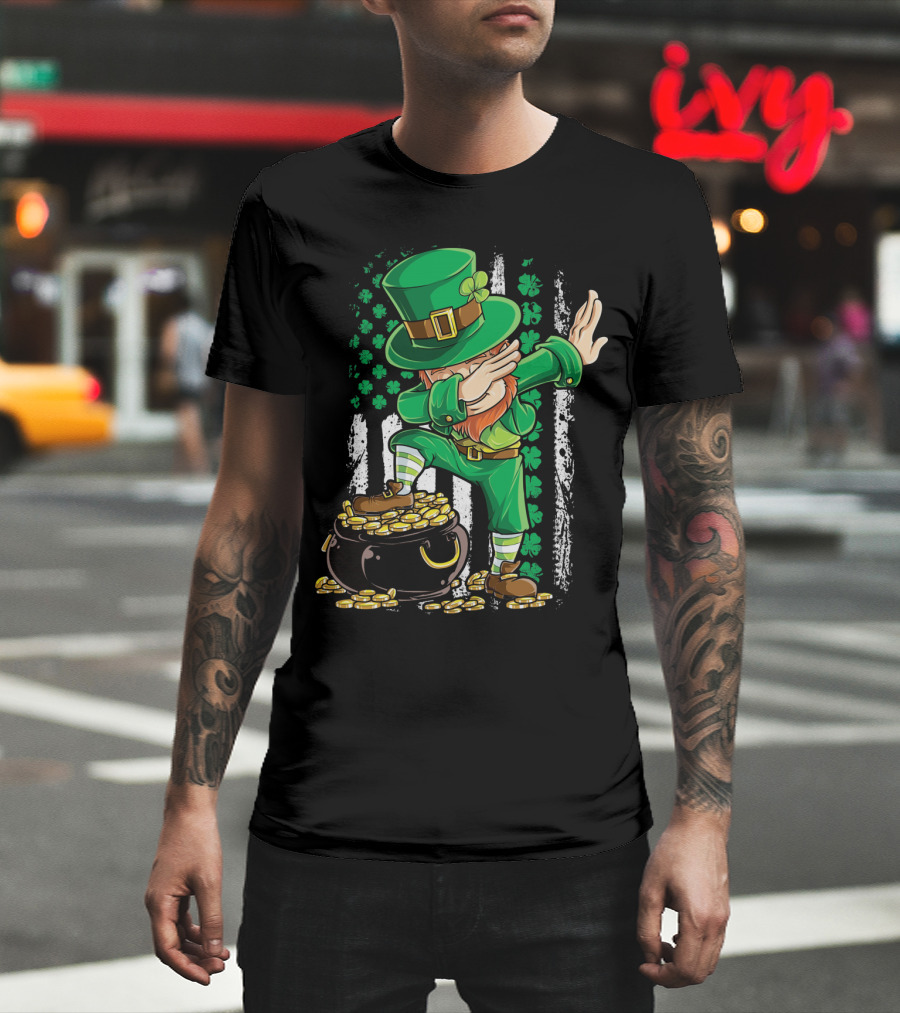 Dabbing Leprechaun With Shamrocks And Gold Coins Irish American T-Shirt