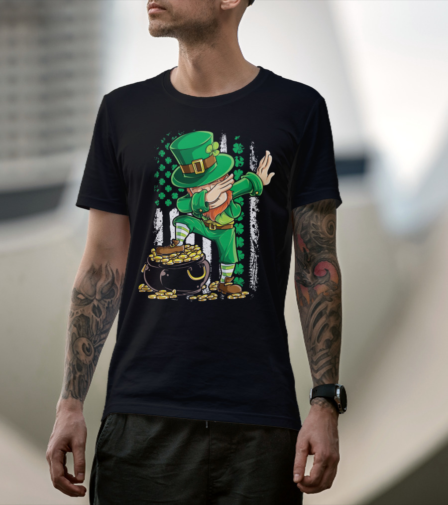 Dabbing Leprechaun With Shamrocks And Gold Coins Irish American T-Shirt