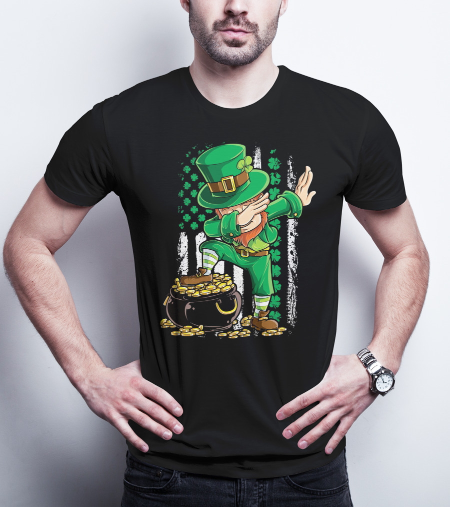 Dabbing Leprechaun With Shamrocks And Gold Coins Irish American T-Shirt