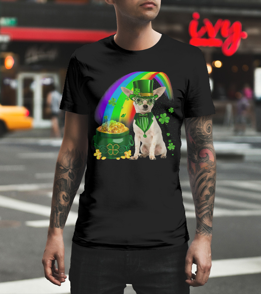 Chihuahua Irish Leprechaun With Shamrock And Rainbow Coin Pot T-Shirt