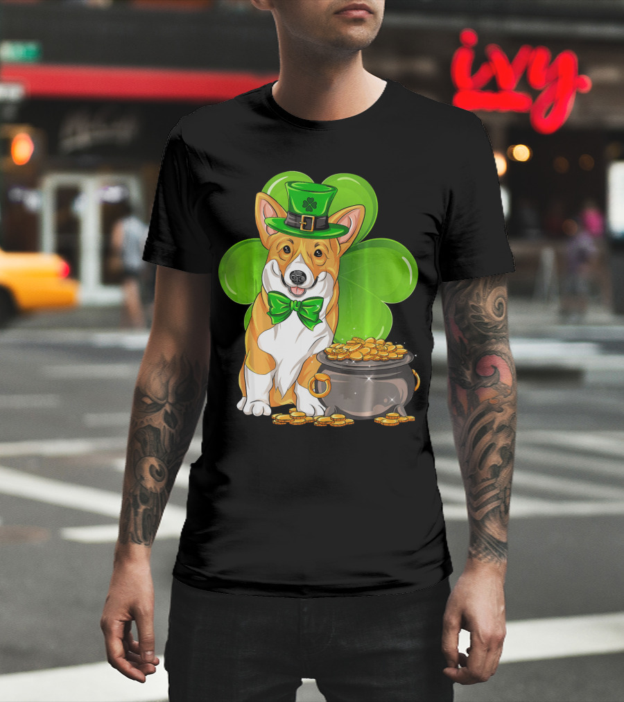 Pembroke Welsh Corgi St Patricks Day Leprechaun Hat Shamrock Pot Of Gold T-Shirt