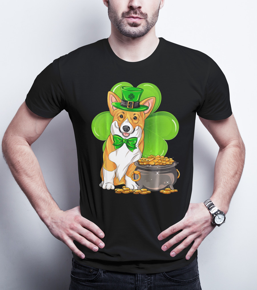 Pembroke Welsh Corgi St Patricks Day Leprechaun Hat Shamrock Pot Of Gold T-Shirt