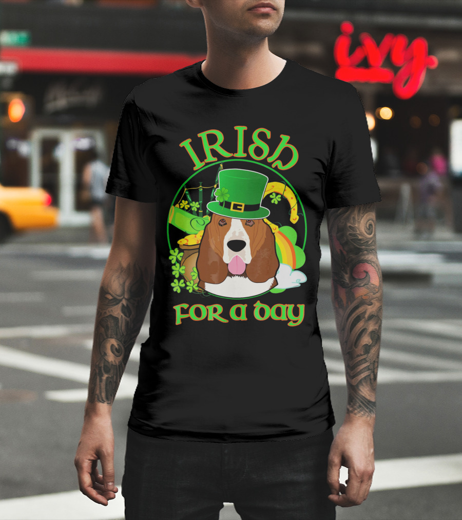 Irish For A Day Basset Hound Dog With Leprechaun Hat And Shamrocks T-Shirt