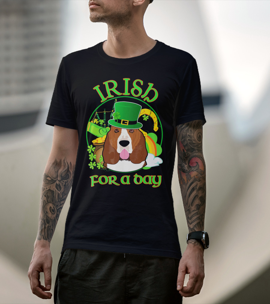 Irish For A Day Basset Hound Dog With Leprechaun Hat And Shamrocks T-Shirt