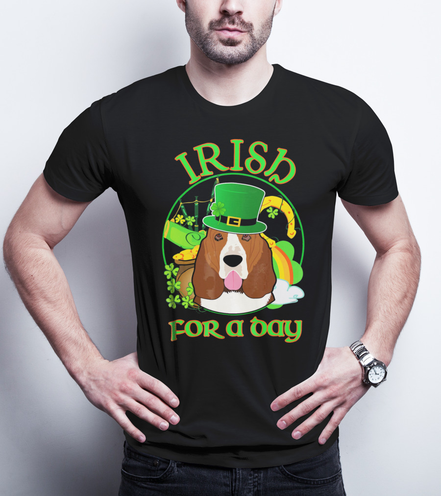 Irish For A Day Basset Hound Dog With Leprechaun Hat And Shamrocks T-Shirt