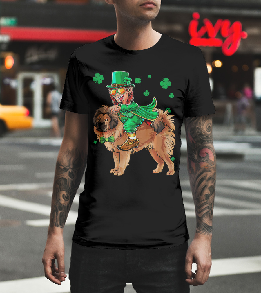 Leprechaun Riding Tibetan Mastiff With Shamrocks T-Shirt