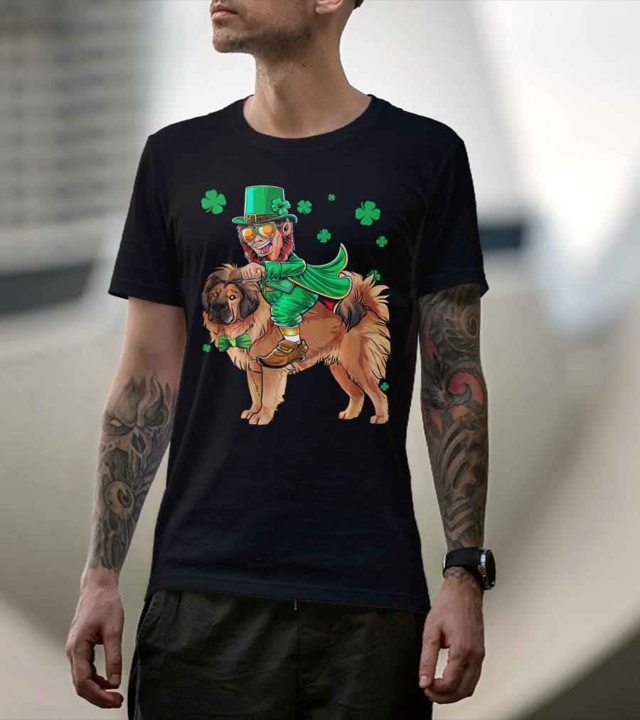 Leprechaun Riding Tibetan Mastiff With Shamrocks T-Shirt