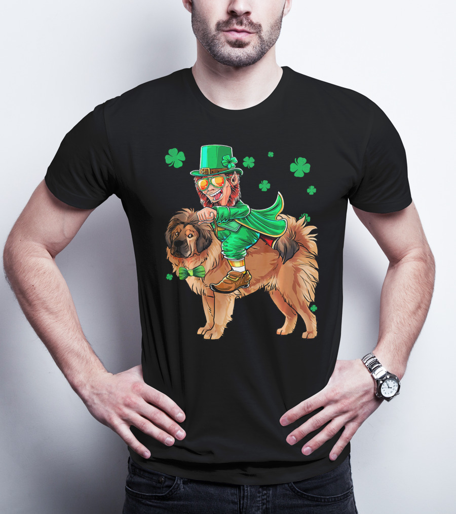 Leprechaun Riding Tibetan Mastiff With Shamrocks T-Shirt