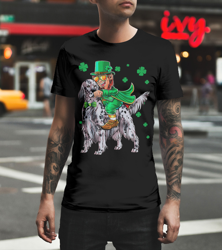 Leprechaun Riding English Setter With Shamrocks T-Shirt