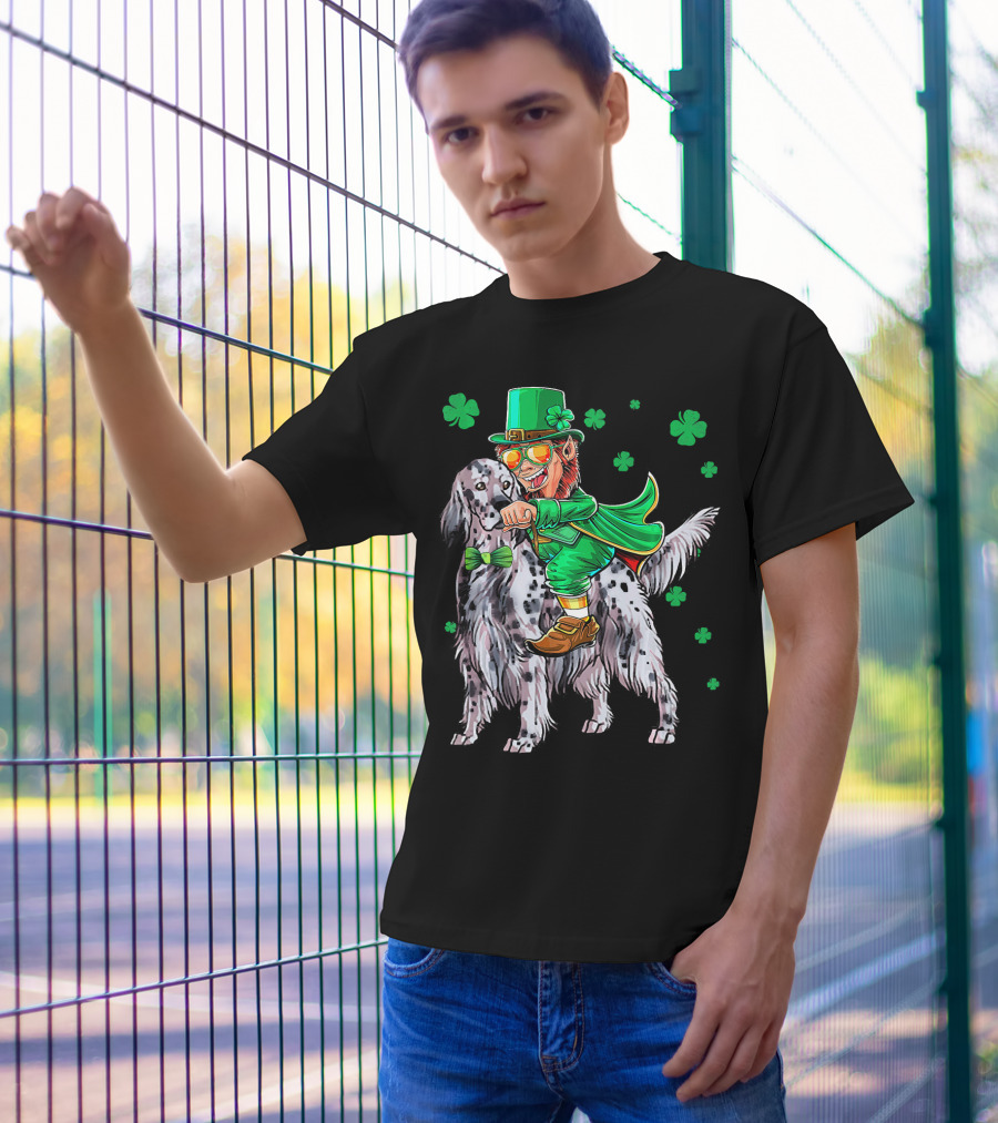 Leprechaun Riding English Setter With Shamrocks T-Shirt