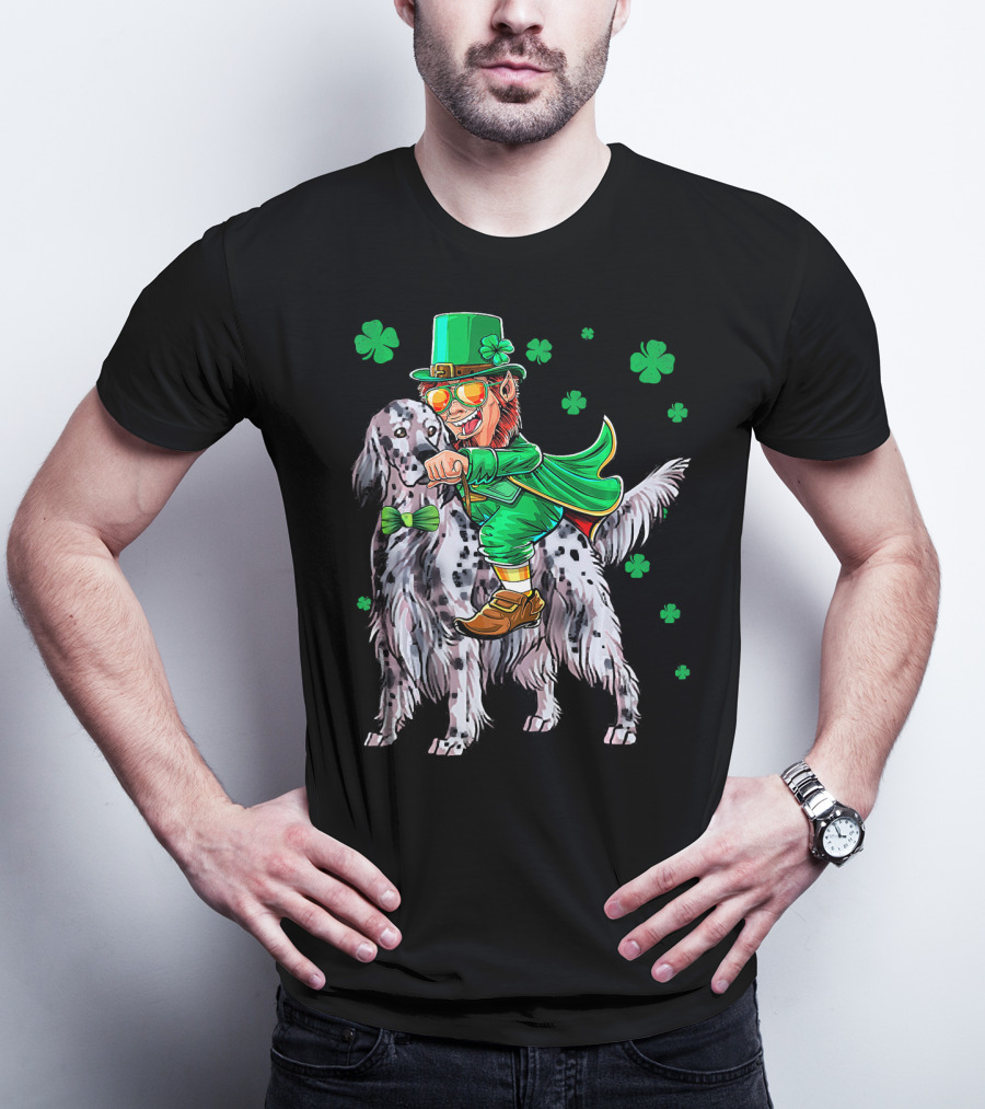 Leprechaun Riding English Setter With Shamrocks T-Shirt