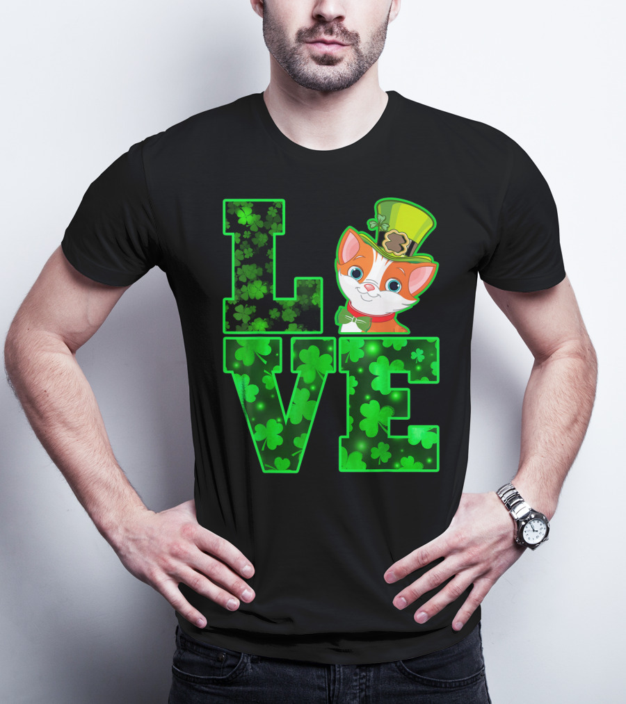 LOVE CAT Shamrock Leprechaun Hat Bow Tie T-Shirt