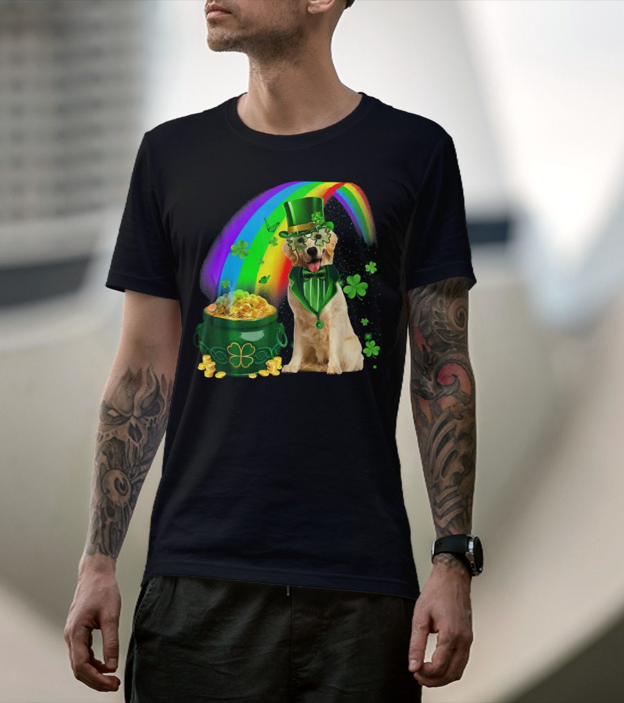 Golden Retrievers Dog Irish Leprechaun Rainbow Gold T-Shirt