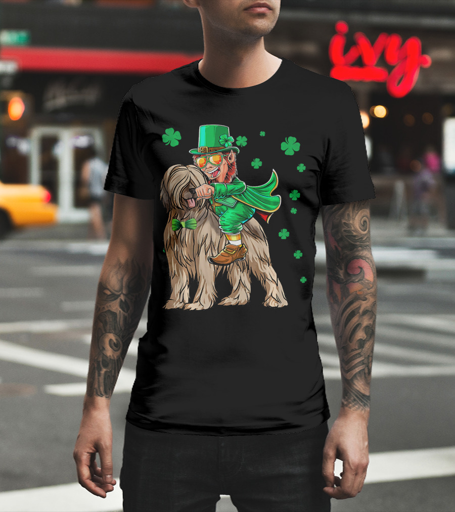 Leprechaun With Briard Surrounded By Shamrocks For St. Patrick's Day T-Shirt