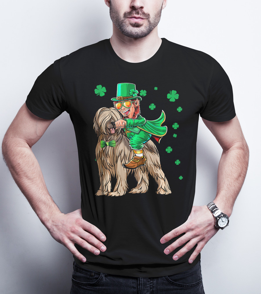 Leprechaun With Briard Surrounded By Shamrocks For St. Patrick's Day T-Shirt