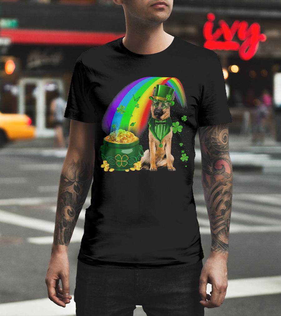 German Shepherd Irish Leprechaun Rainbow Pot Of Gold Shamrock T-Shirt
