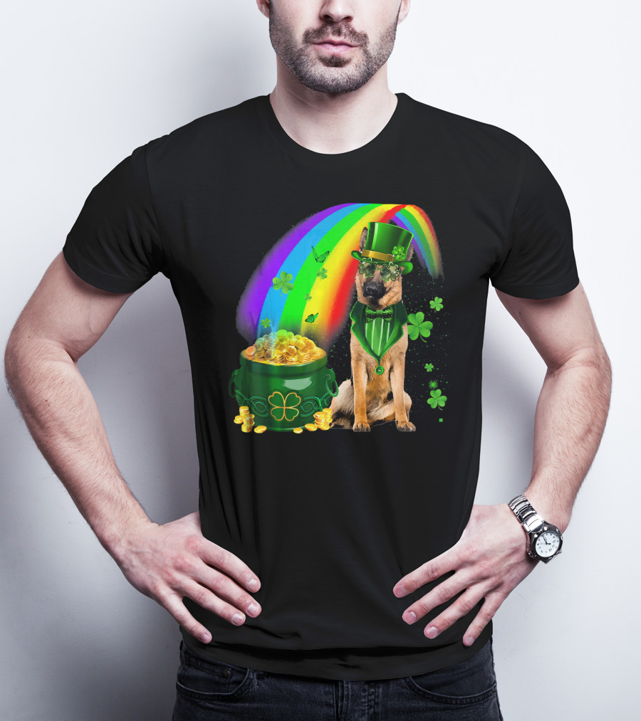 German Shepherd Irish Leprechaun Rainbow Pot Of Gold Shamrock T-Shirt