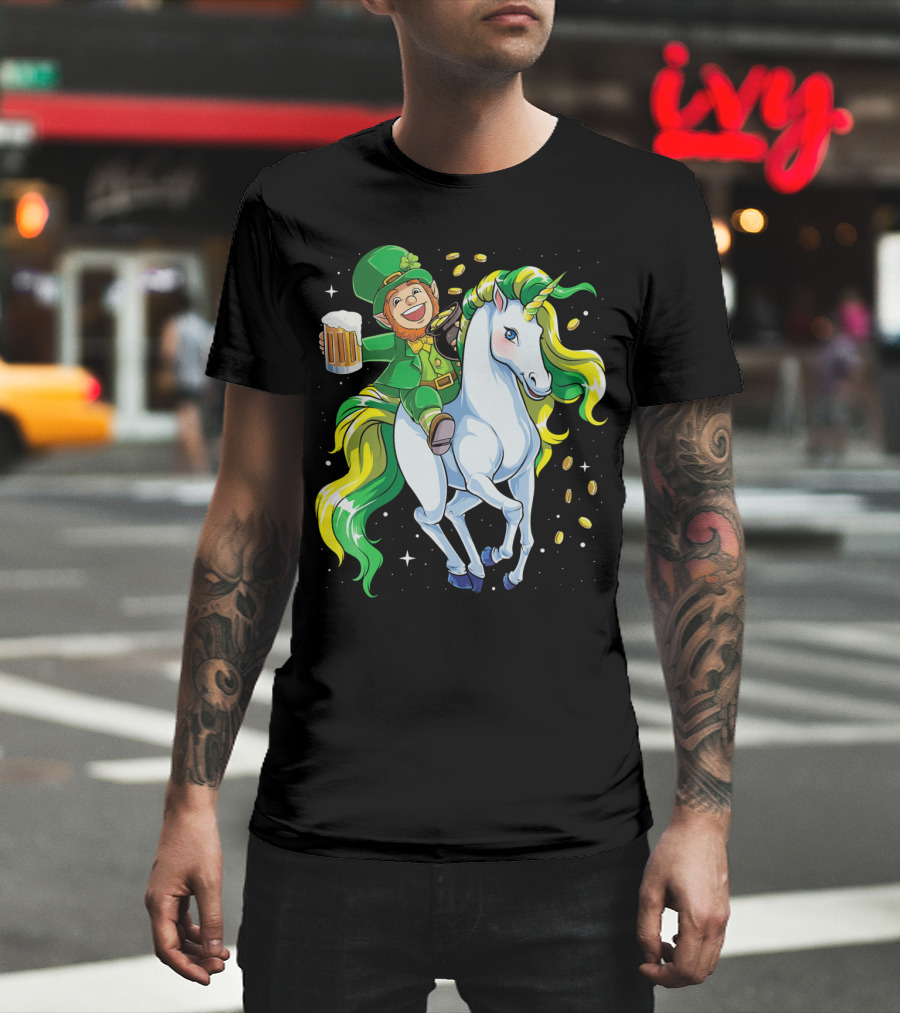 Leprechaun Riding Unicorn With Beer And Coins T-Shirt